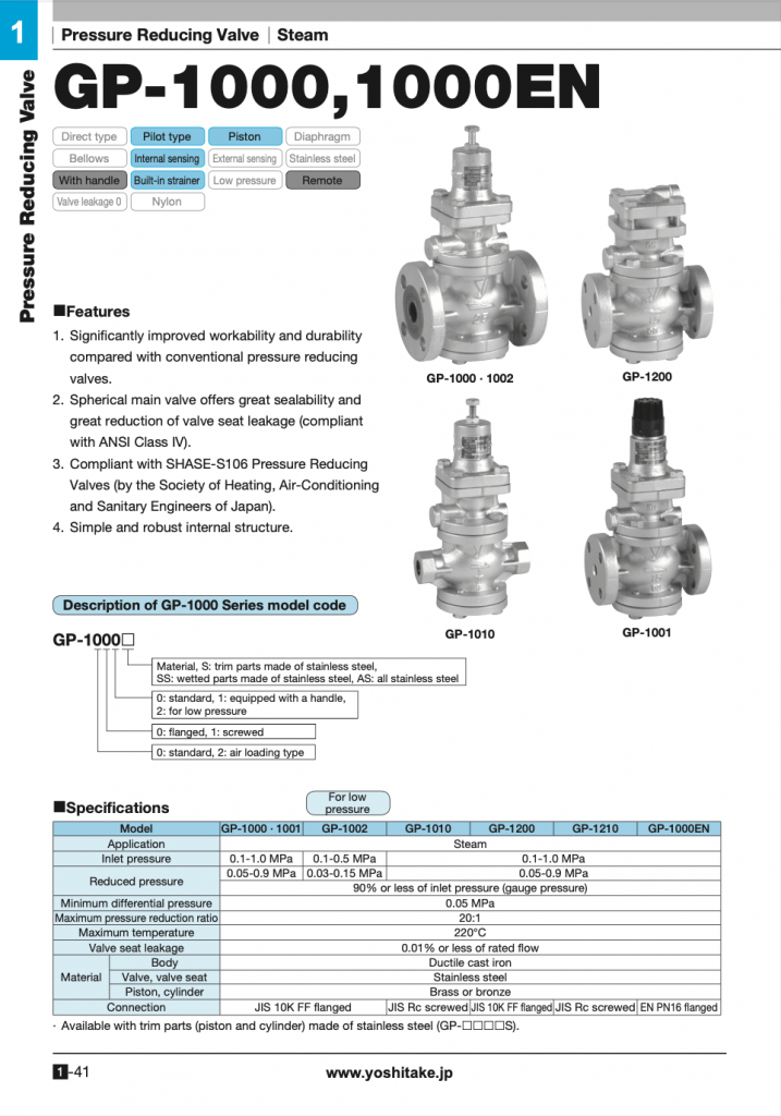 Pressure Reducing Valve, YOSHITAKE GP-1000 / 1000EN - KC Mahanakorn Co ...