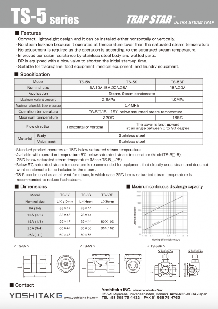 Steam Trap, YOSHITAKE TS-5S , TS-5V ,TS-5BP - KC Mahanakorn Co.,Ltd.